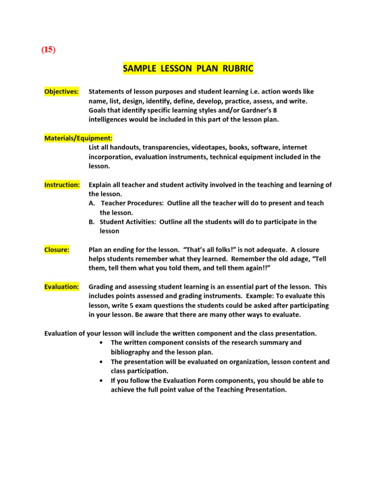 Lesson Plan Rubric and Evaluation Guide | PDF | Lesson Plan ...