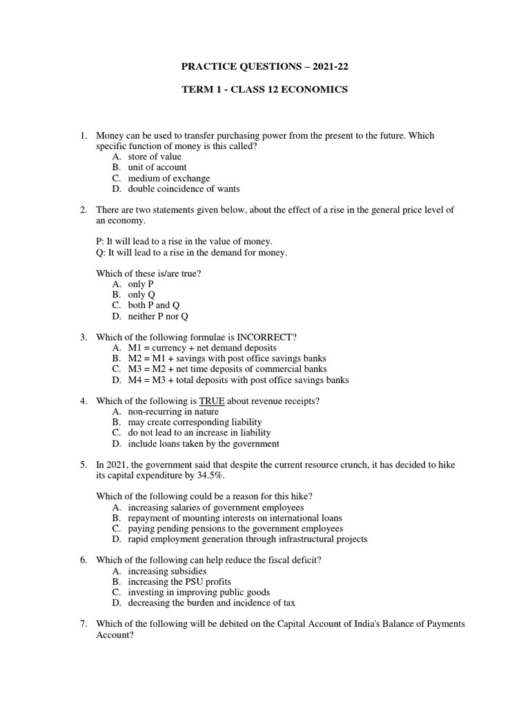 Practice Questions - 2021-22 Term 1 - Class 12 Economics | PDF | Exchange Rate | Money