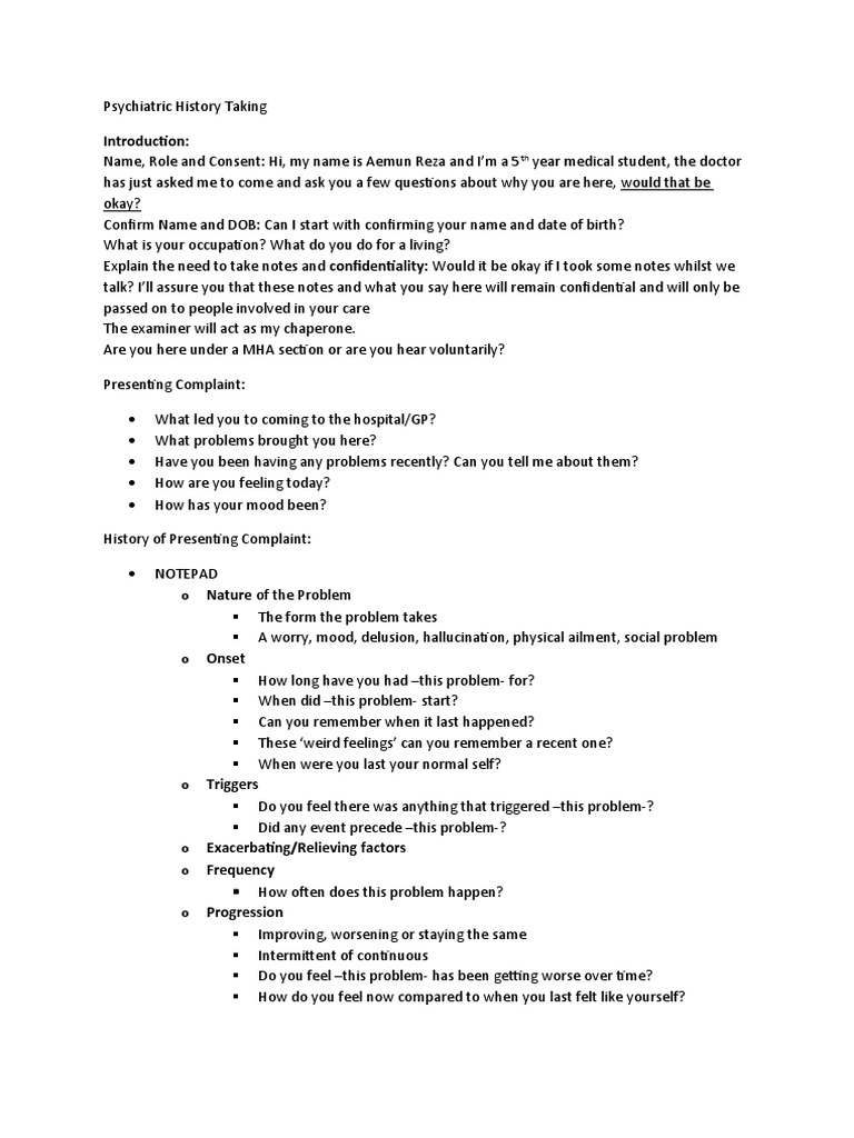 Psychiatric History Taking Guide | PDF | Cognitive Behavioral Therapy ...