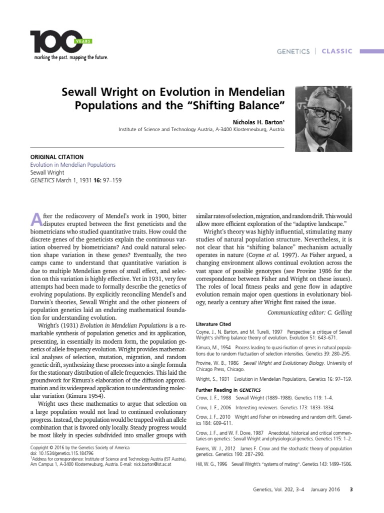 Sewall Wright On Evolution in Mendelian Populations and The "Shifting ...