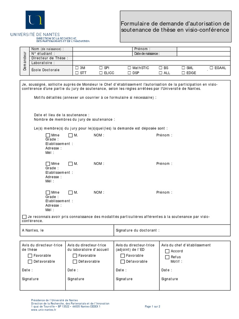 Formulaire de Demande D'autorisation de Soutenance de Thèse en Visio-Conférence - Janv20 | PDF ...