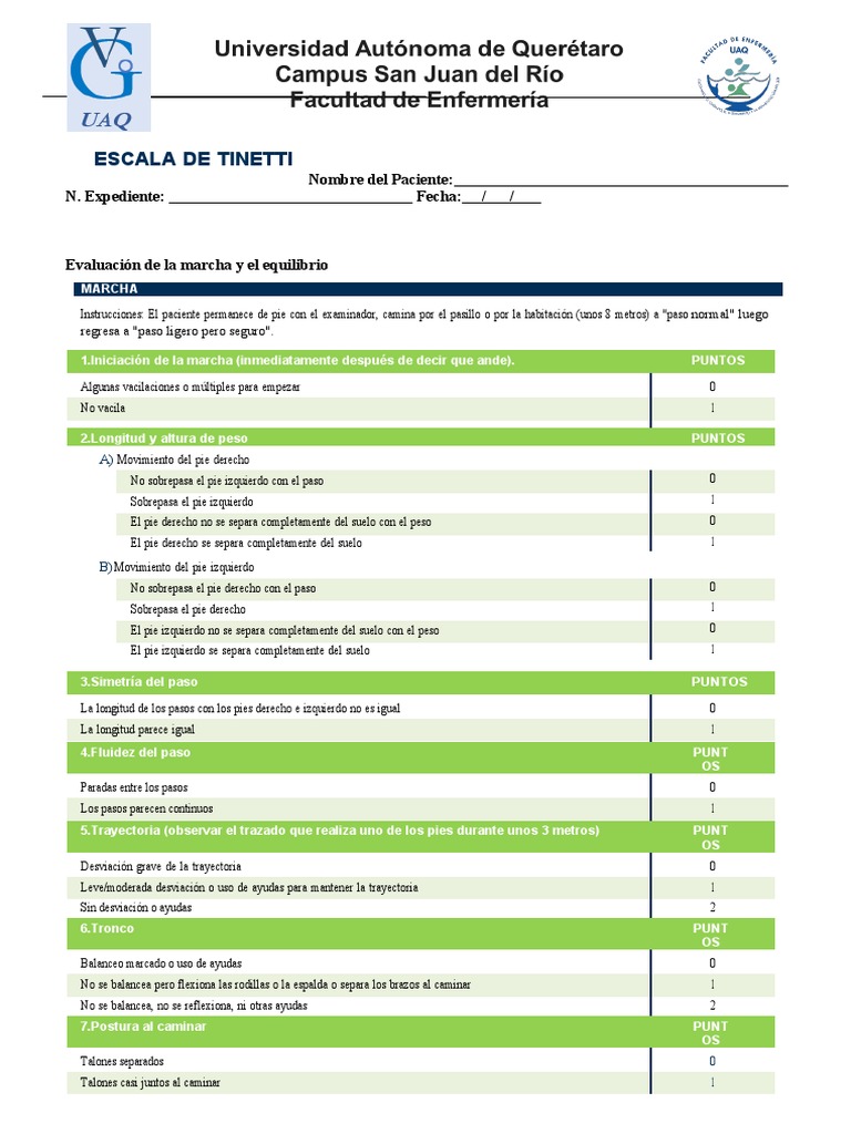 Escala de Tinetti para Evaluación de Equilibrio | PDF