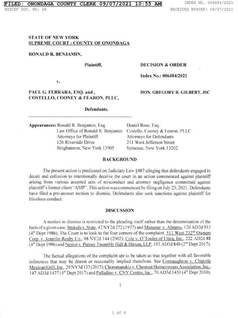 Plaintift: State New York Court County Onondaga Ronald Benjamin ...