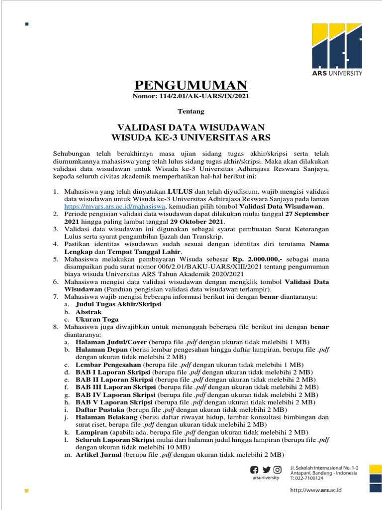 Pengumuman: Validasi Data Wisudawan Wisuda Ke-3 Universitas Ars | PDF