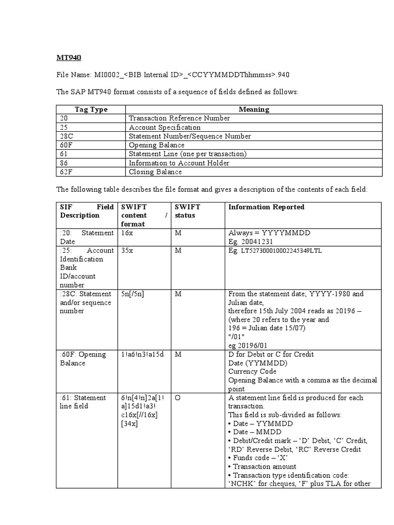 SWIFT MT 940 Formata Apraksts ENG | PDF | Financial Transaction | Cheque