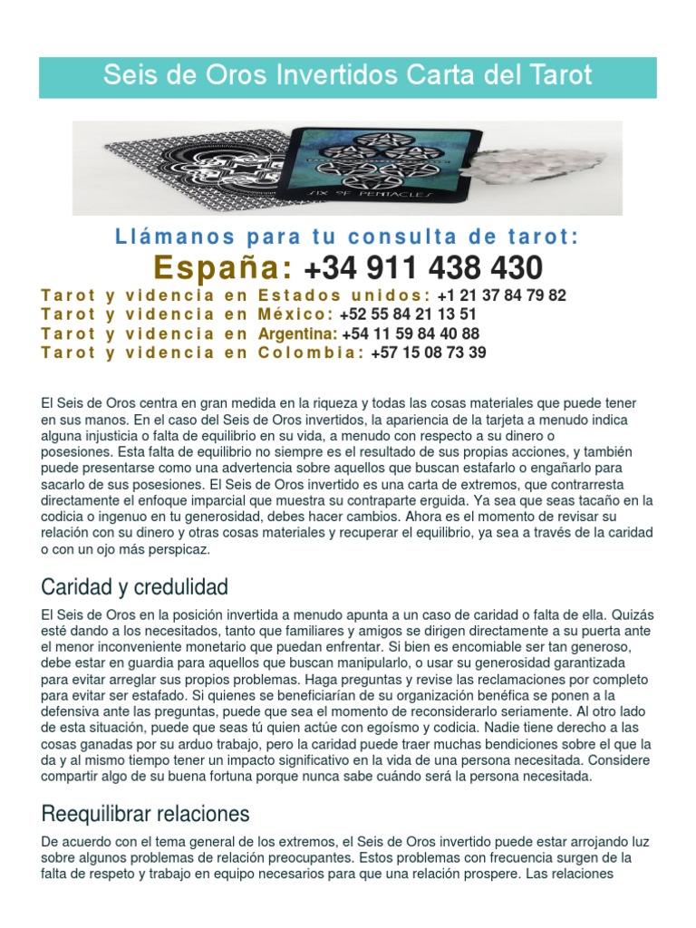 Seis de Oros Invertido Carta Del Tarot | PDF