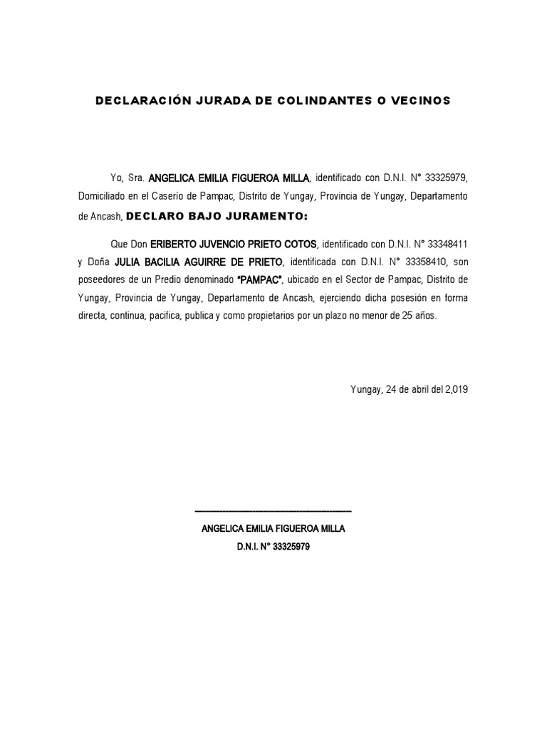 Declaración Jurada de Colindantes o Vecinos | PDF | Derecho Declaración Jurada de Colindantes o Vecinos | PDF | Derecho