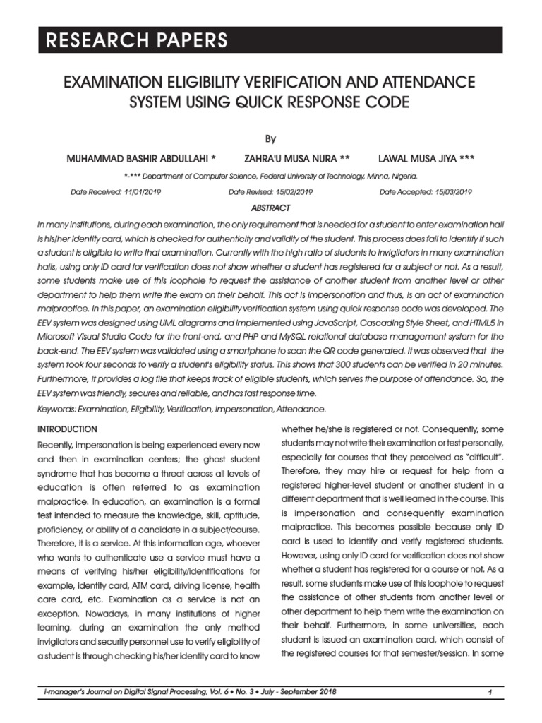 2018 Examination Eligibility Verification and Attendance System Using Quick Response Code | PDF ...
