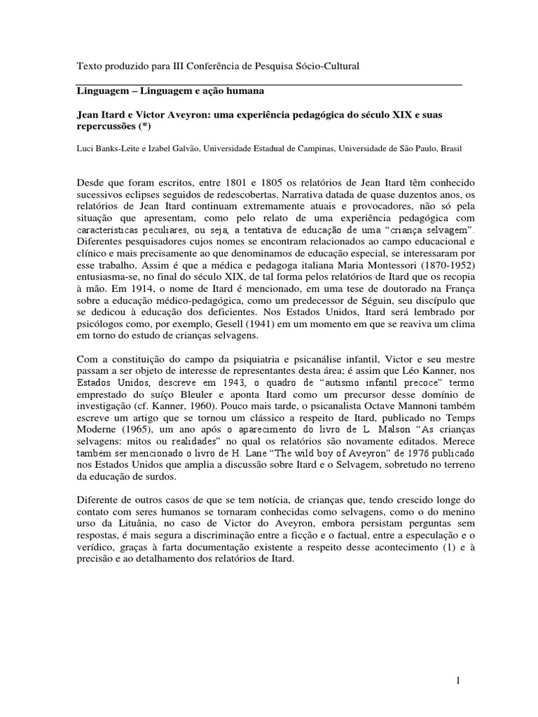 Jean Itard e Victor Aveyron Isabel Galvao | PDF | Pedagogia | Aprendizado