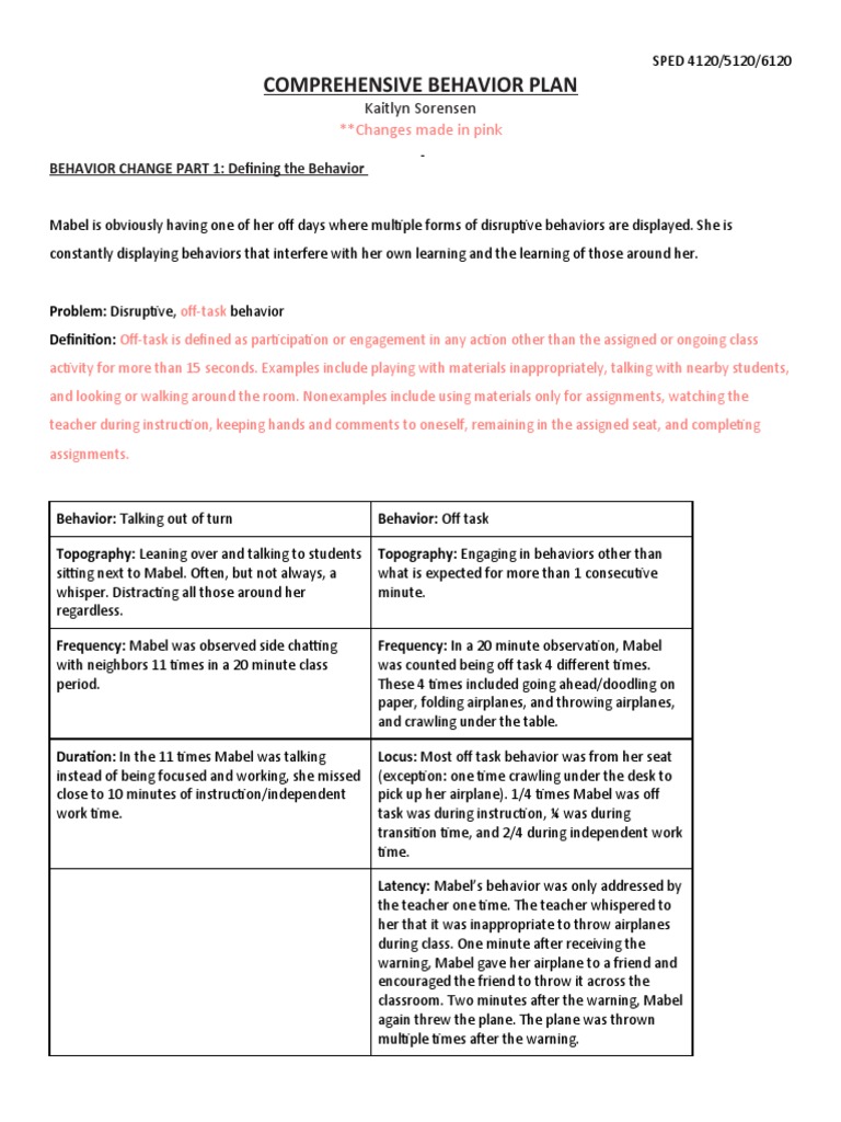 Final Comprehensive Behavior Plan | PDF | Teachers | Classroom