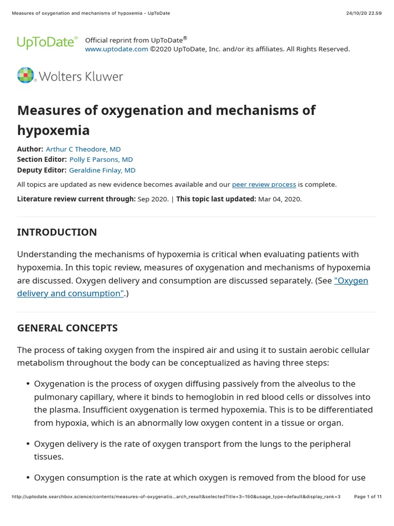 Measures of Oxygenation and Mechanisms of Hypoxemia - UpToDate | PDF ...