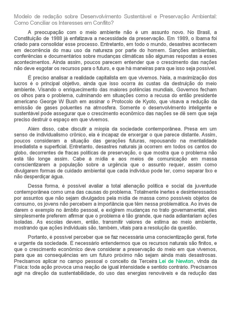 Modelo de Redação Sobre Desenvolvimento Sustentável e Preservação ...