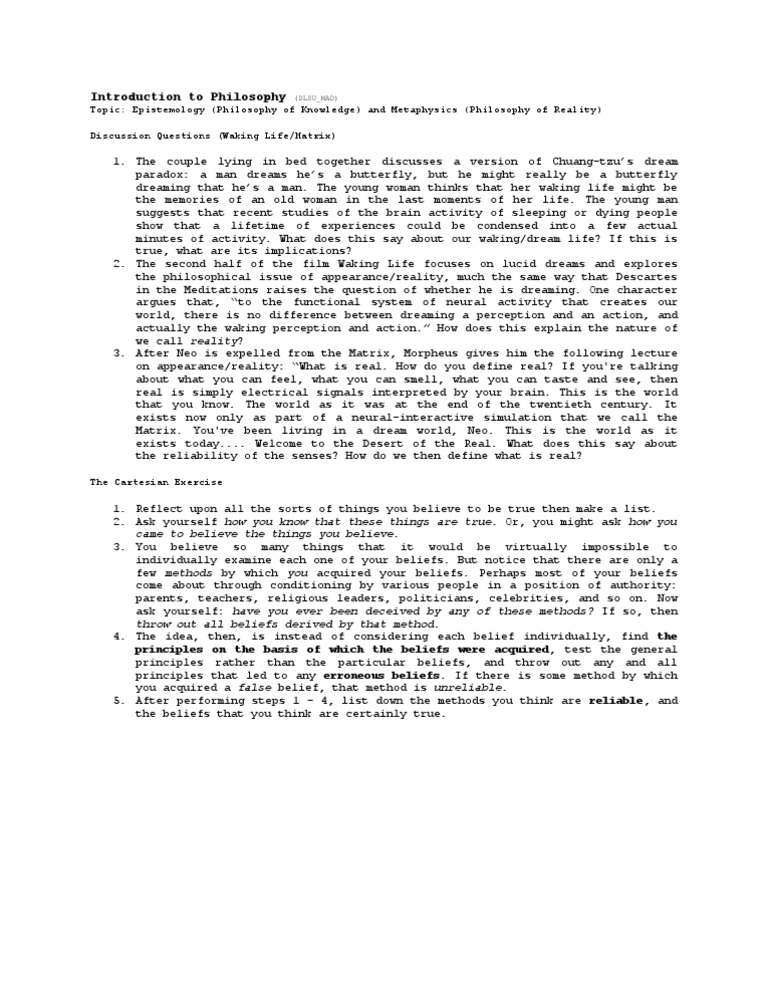Introduction to Philosophy Discussion Questions Epistemology | Reality ...