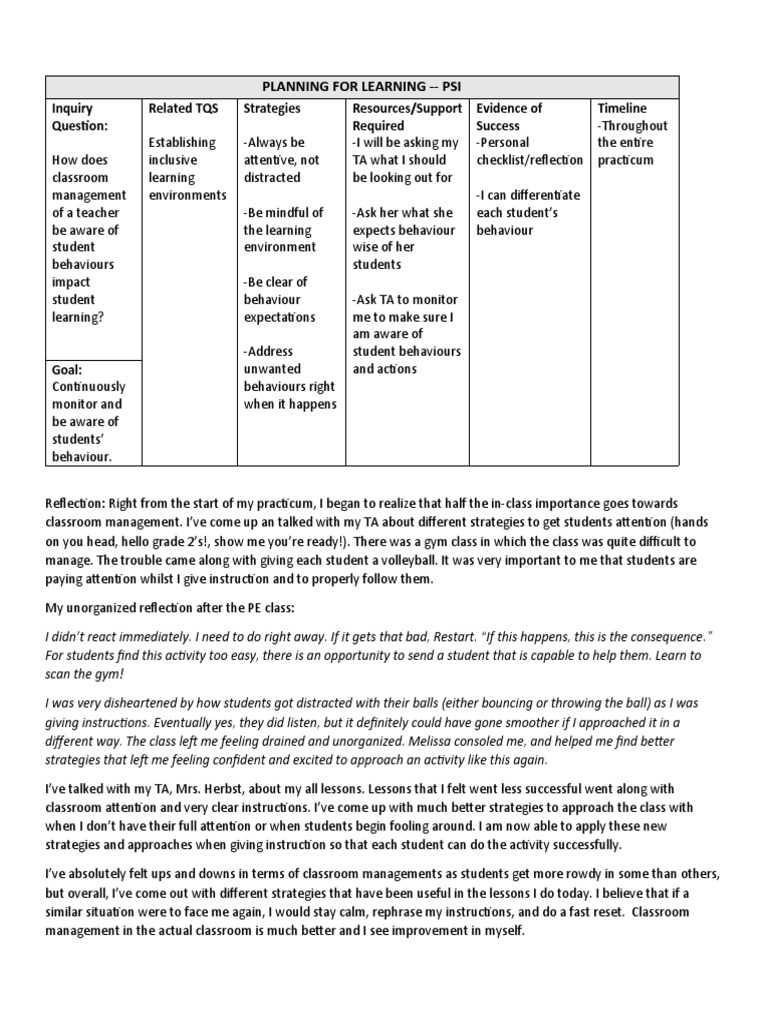 Classroom Management Reflection Strategies | PDF | Classroom Management ...
