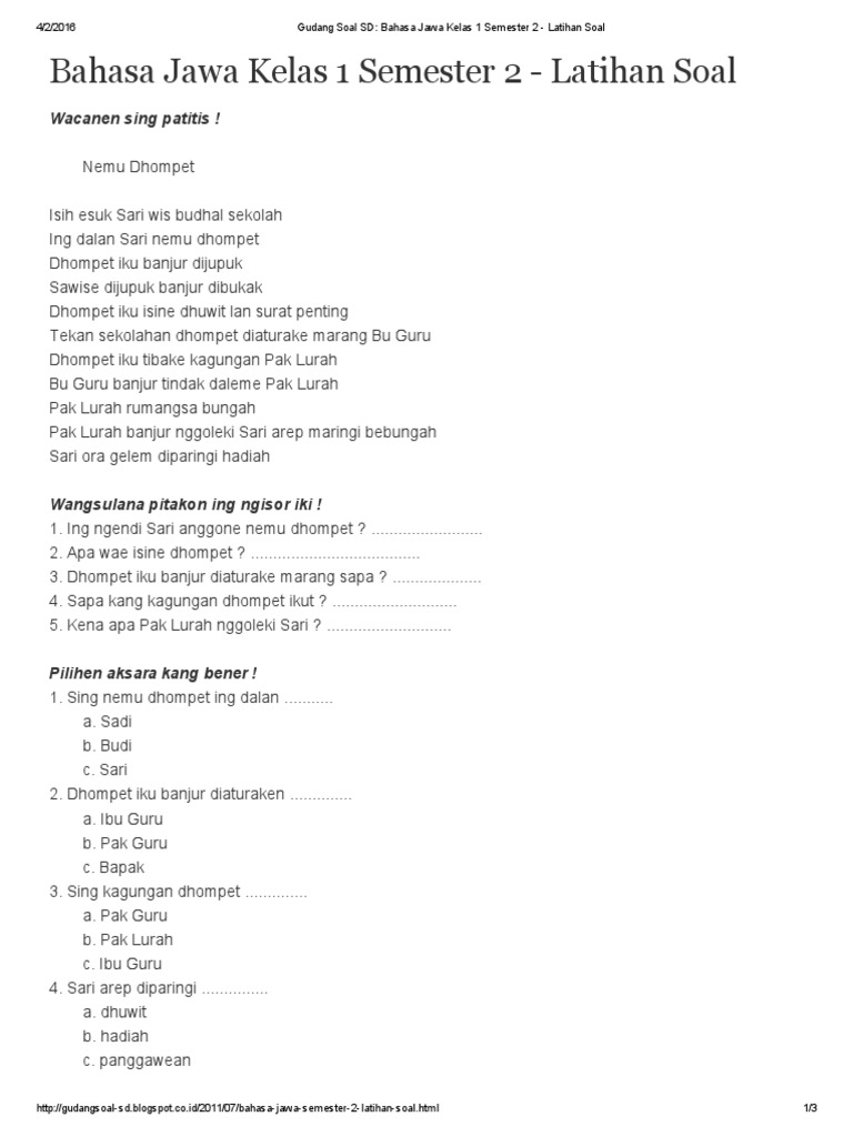 Gudang Soal SD - Bahasa Jawa Kelas 1 Semester 2 - Latihan Soal | PDF | Seni & Disiplin Bahasa