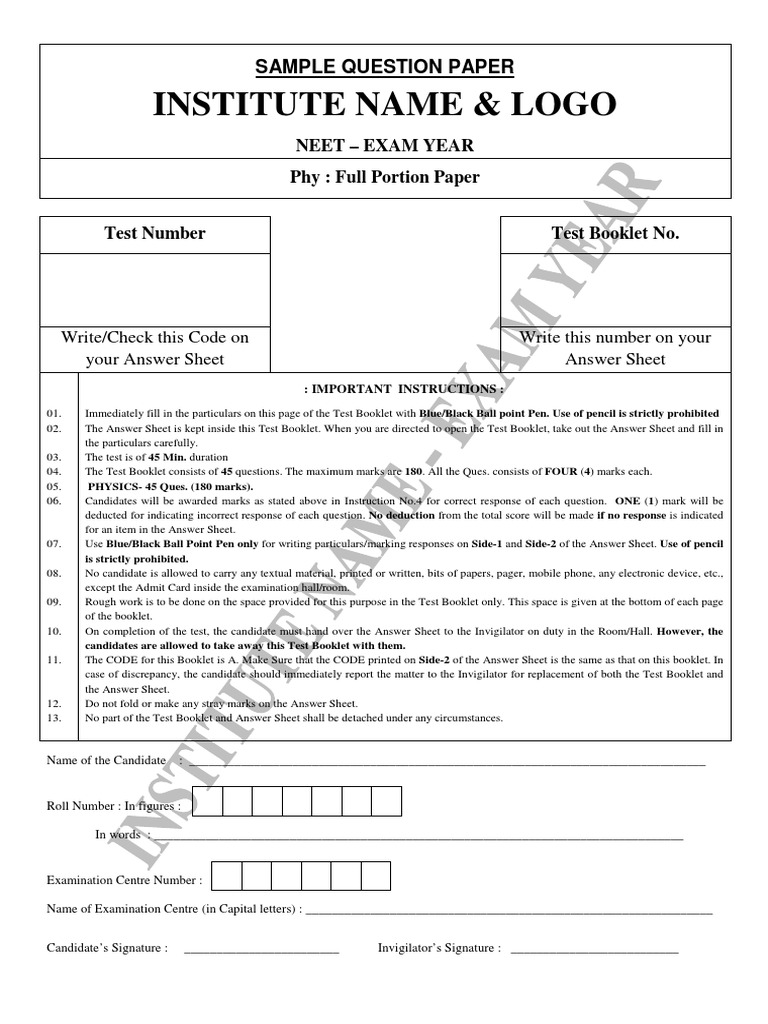 Neet Physics Sample Question Paper | PDF | Physical Quantities | Physics