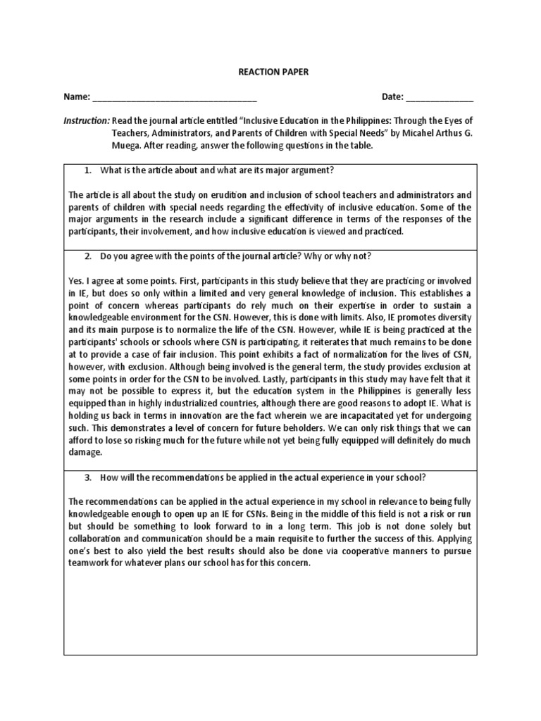 Reaction Paper Research | PDF | Inclusion (Education) | Learning