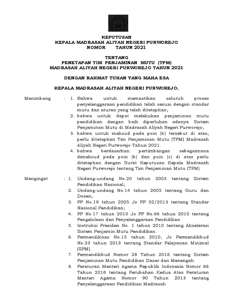 SK Tim Penjaminan Mutu Madrasah 2021 2022 | PDF