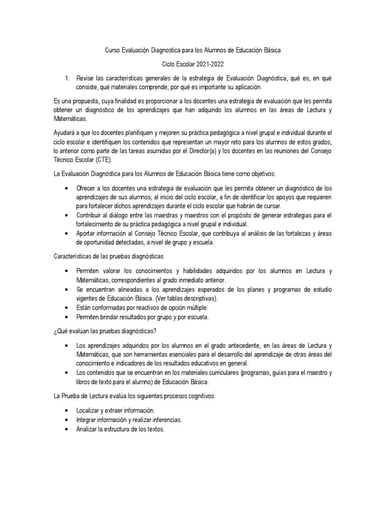 Curso Evaluacion Diagnostica Para Alumnos De Educación Básica Pdf