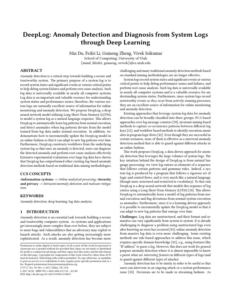 Deeplog: Anomaly Detection and Diagnosis From System Logs Through Deep ...