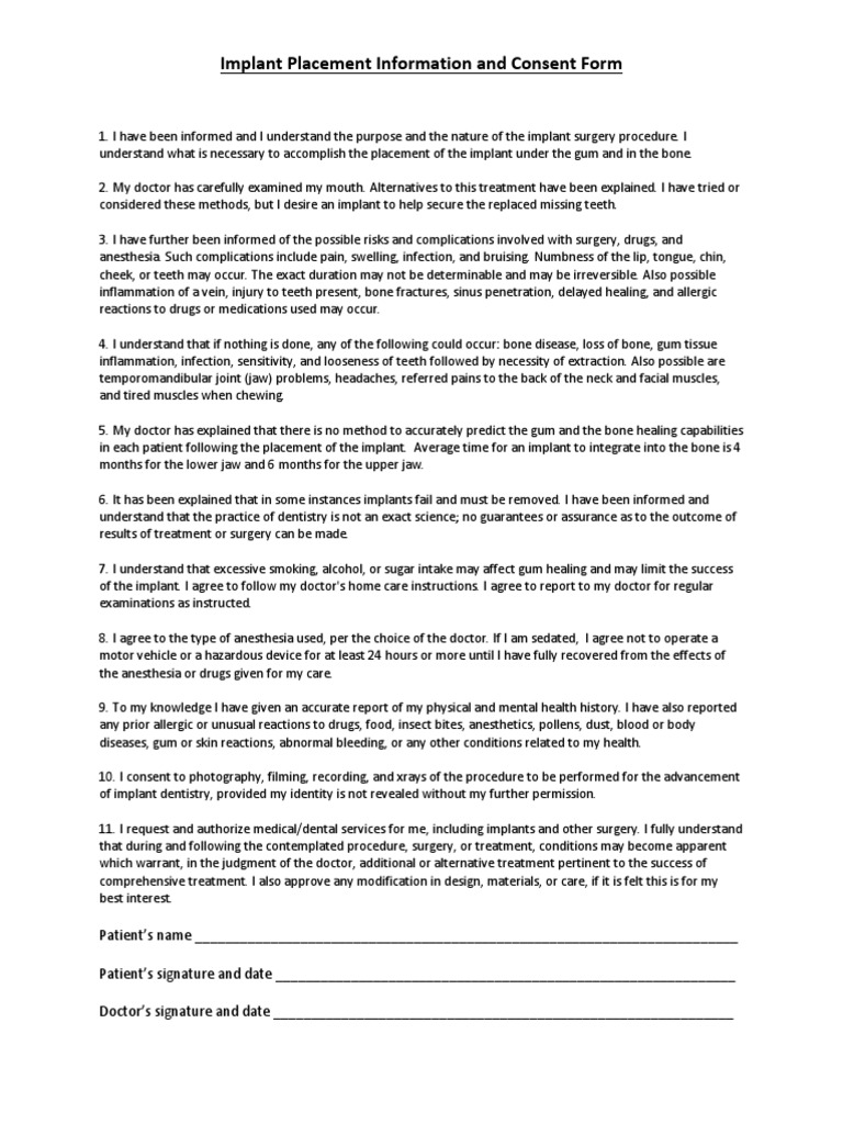Implant Placement Information and Consent Form | Download Free PDF ...
