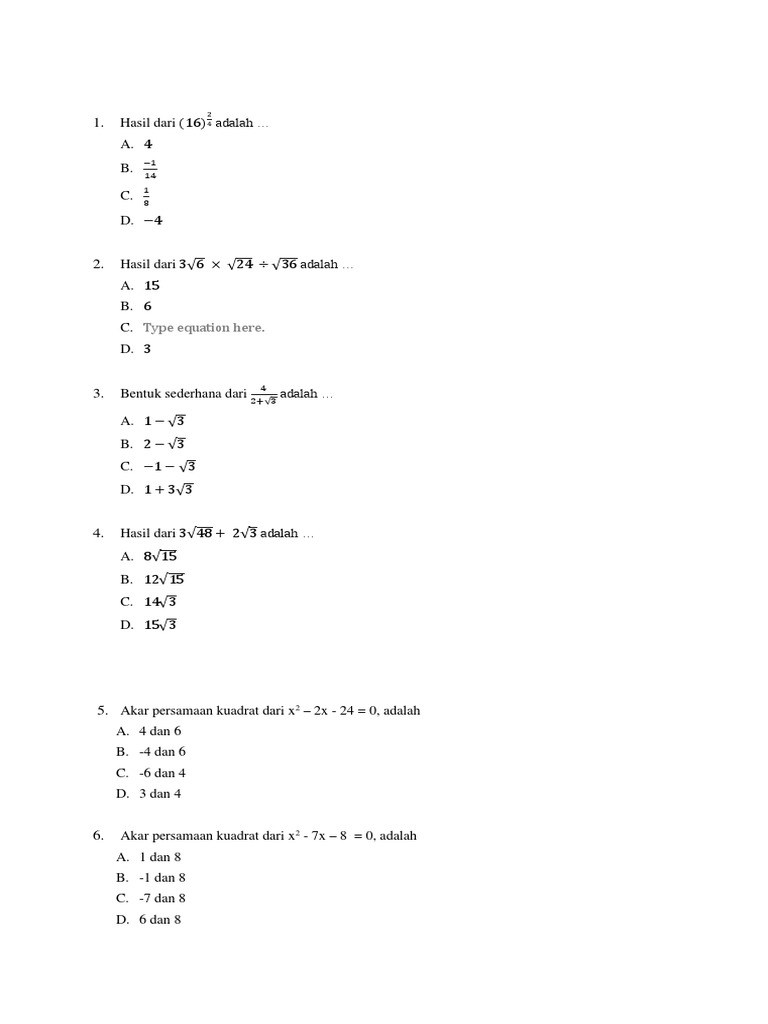 Kisi Kisi Soal Matematika Kelas 9 | PDF