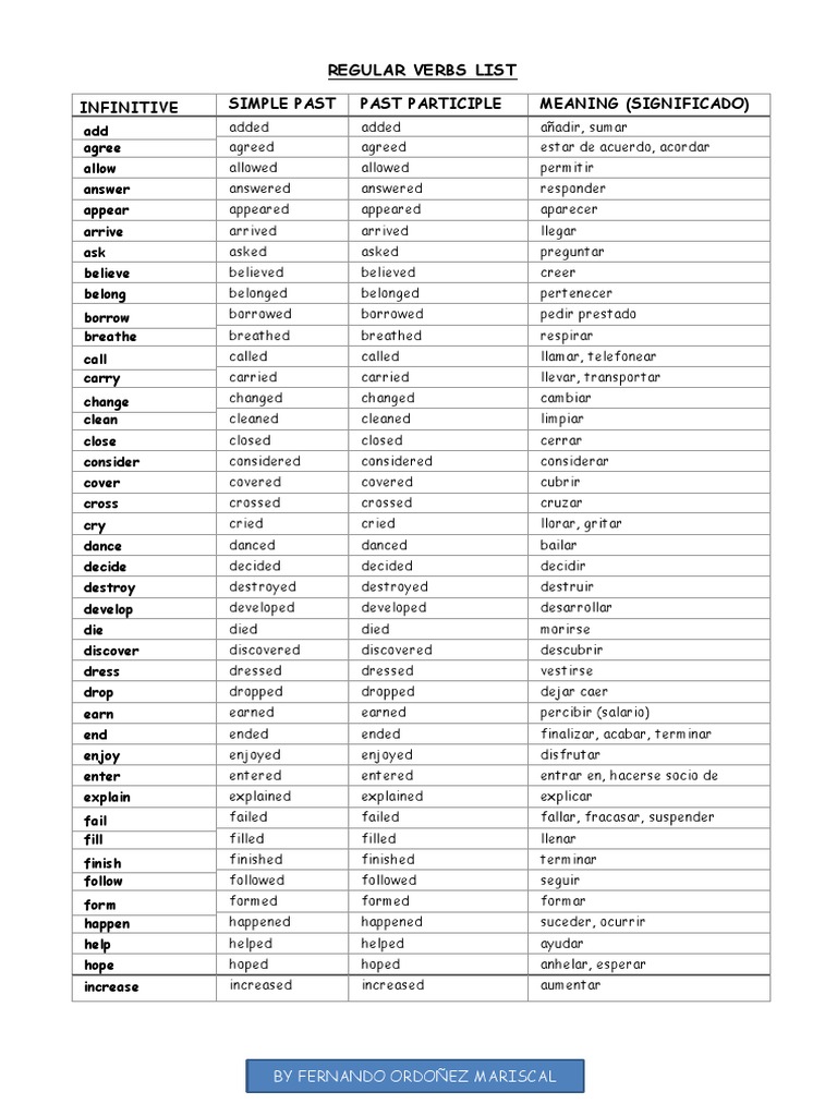 Regular Verbs List | PDF