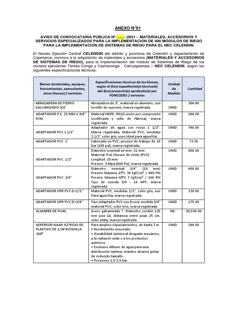 Anexo #01 Conv...... - 2021 Nec Celendin Adq Mat. Sist. Riego | PDF | Tubería (transporte de ...