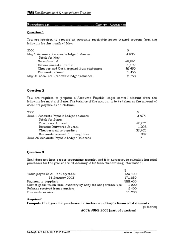 ACCA F3 Control Accounts and Incomplete Records Questions2 | PDF ...