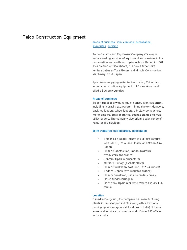 Telco Construction Equipment Pdf Construction Equipment