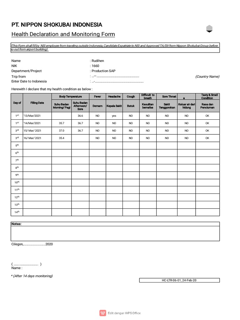 Health Declaration NSI Employees Form Maret | PDF | Diseases And Disorders