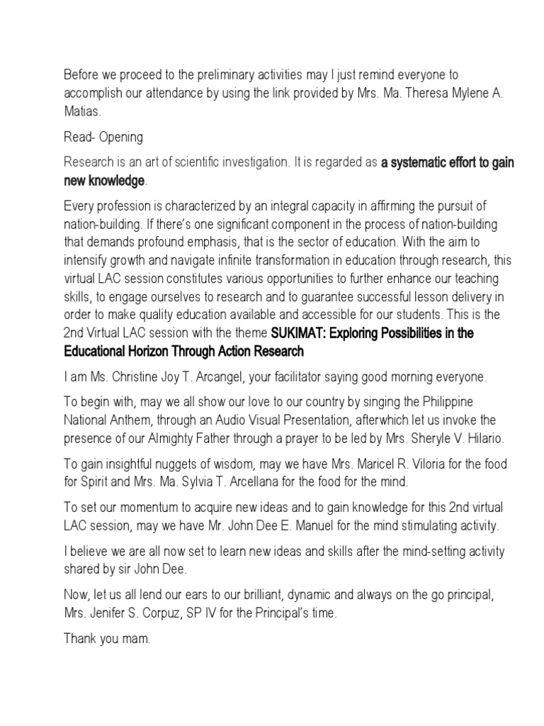 Script Virtual LAC Session | PDF | Knowledge | Action Research