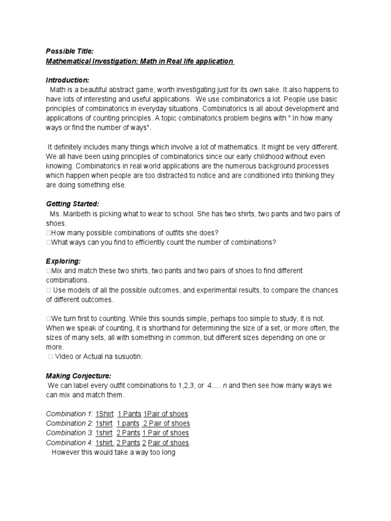Possible Title: Mathematical Investigation: Math in Real Life ...