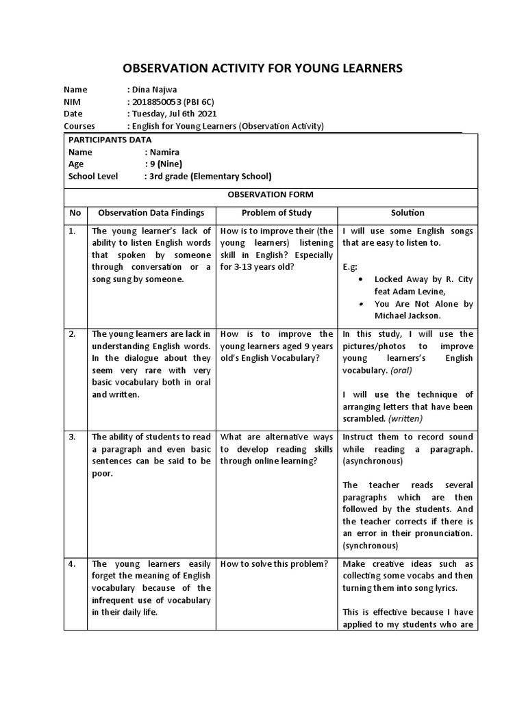 Observation Activity For Young Learners | PDF | Vocabulary | Learning