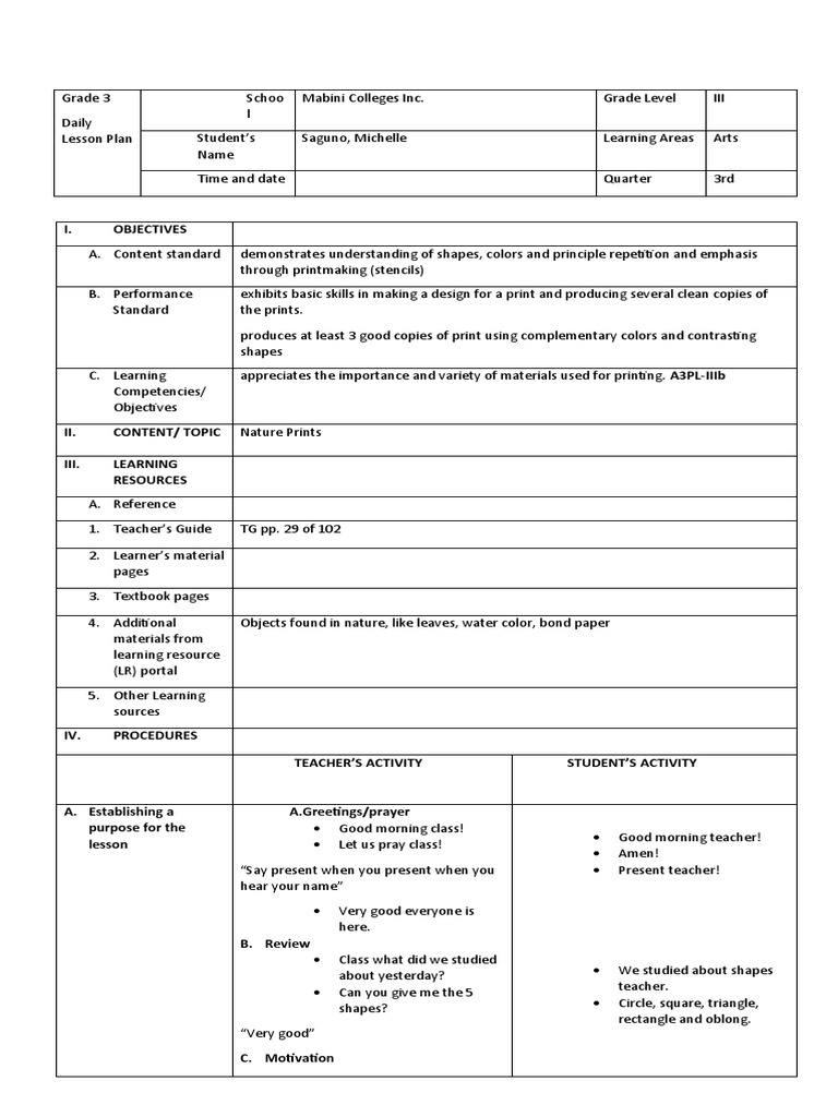 Detailed Lesson Plan in Arts 3 | PDF | Color | Learning