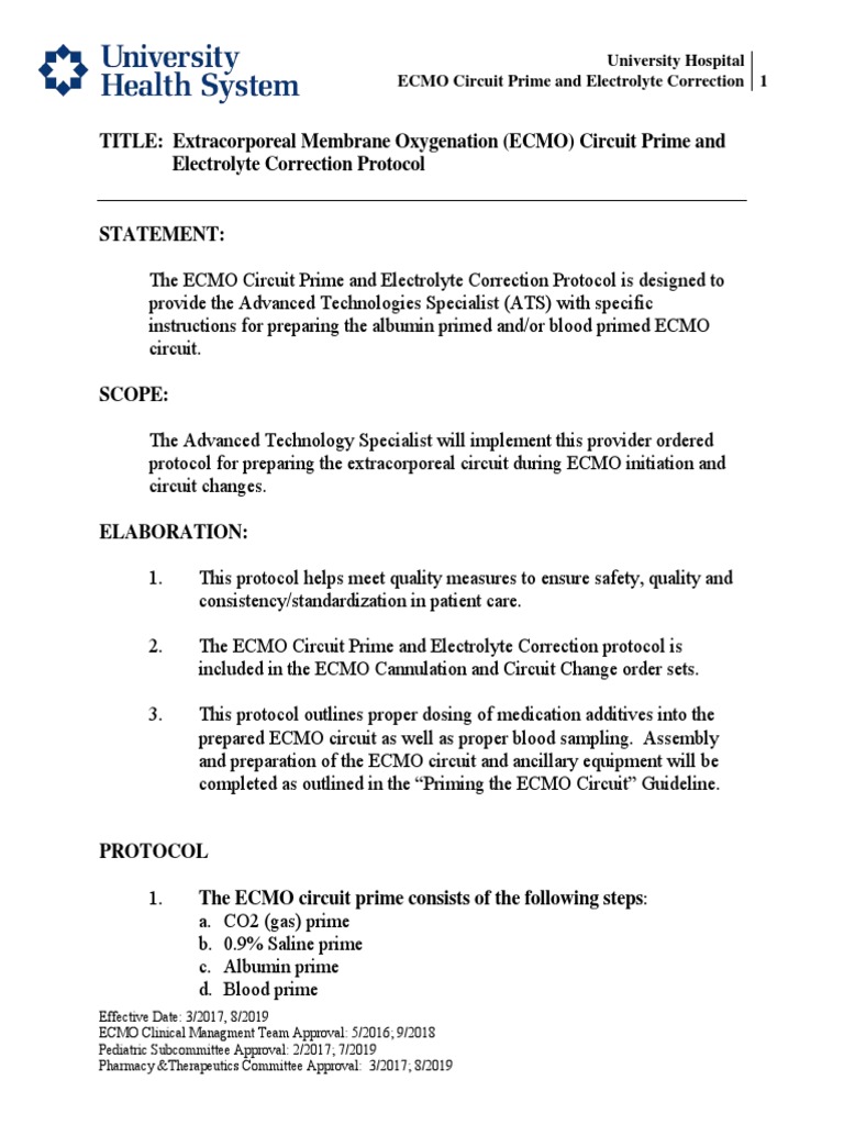 PEDI ECMO Circuit Prime and Electrolyte Correction Protocol | PDF ...