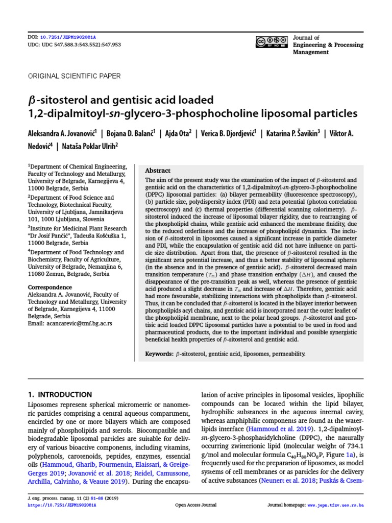 Sitosterol and Gentisic Acid Loaded 1,2 Dipalmitoyl SN Glycero 3 ...