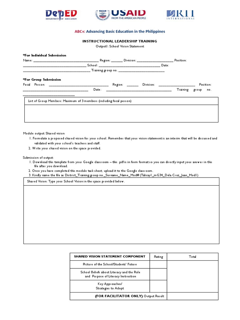 Module 1 Output School Shared Vision - FINAL | PDF | Literacy | Learning