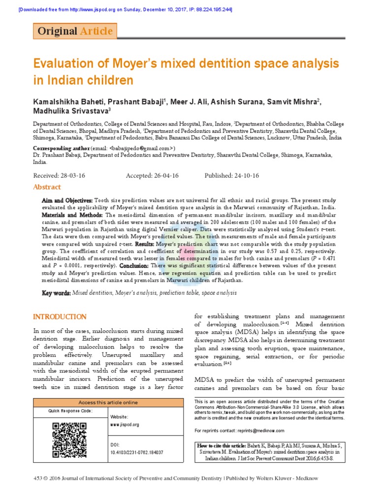 Evaluation of Moyer's Mixed Dentition Space Analysis in Indian Children ...