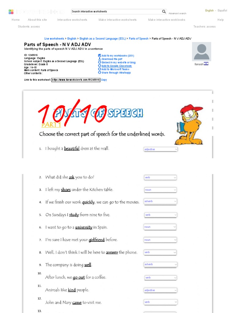 Parts of Speech - N V ADJ ADV Worksheet. | PDF | Part Of Speech | Verb