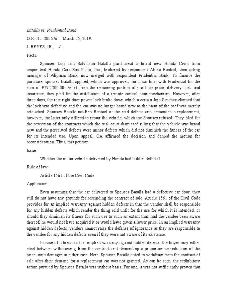 77 Batalla vs. Prudential Bank | PDF | Implied Warranty | Government