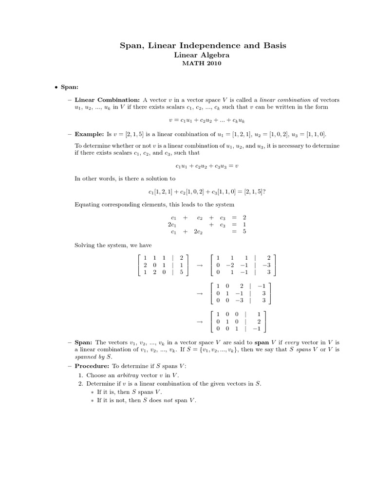 Span, Linear Independence and Basis | PDF | Basis (Linear Algebra ...