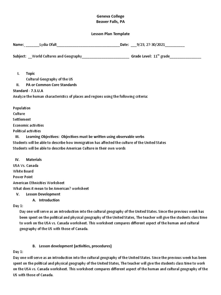 11th Grade US Cultural Geography Lesson | PDF | Differentiated ...