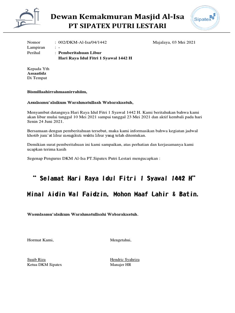 Surat Pemberitahuan Libur DKM Sipatex | PDF
