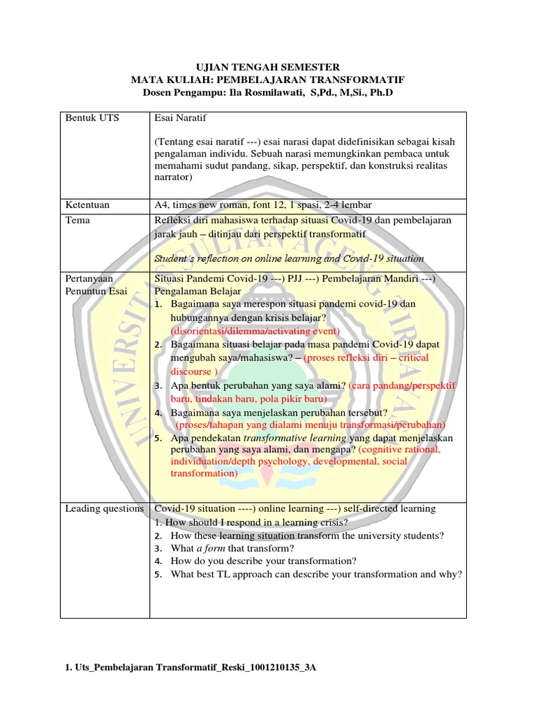 Uts - Pembelajaran Transformatif - Reski - 1001210135 - 3a | PDF | Karier & Perkembangan