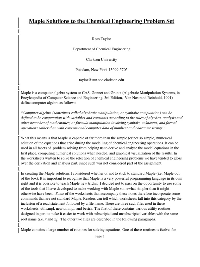 Maple Solutions To The Chemical Engineering Problem Set | PDF | Numerical Analysis | Teaching ...