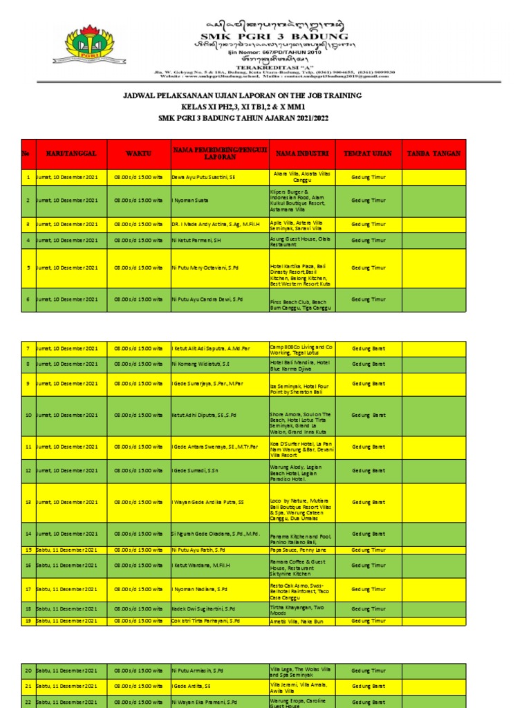 Jadwal Ujian Laporan Ojt THP 1 | PDF