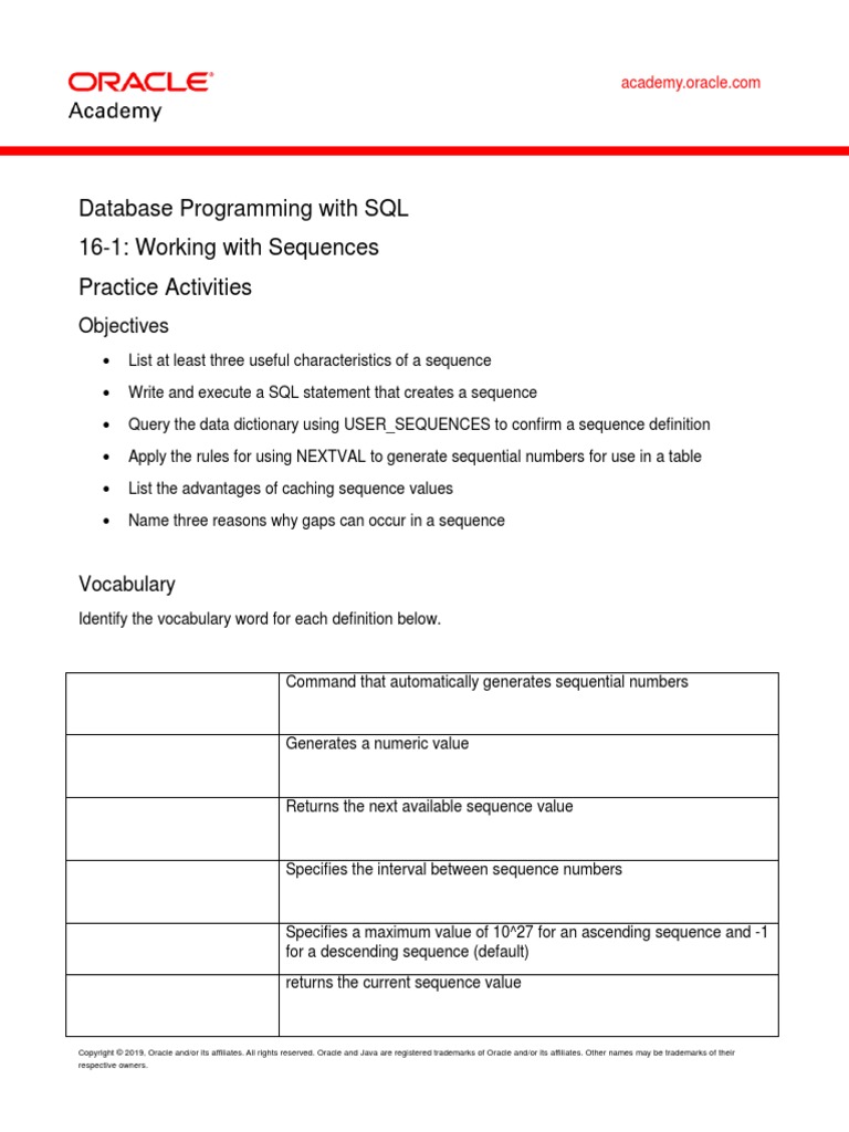 Database Programming With SQL 16-1: Working With Sequences Practice Activities | PDF ...