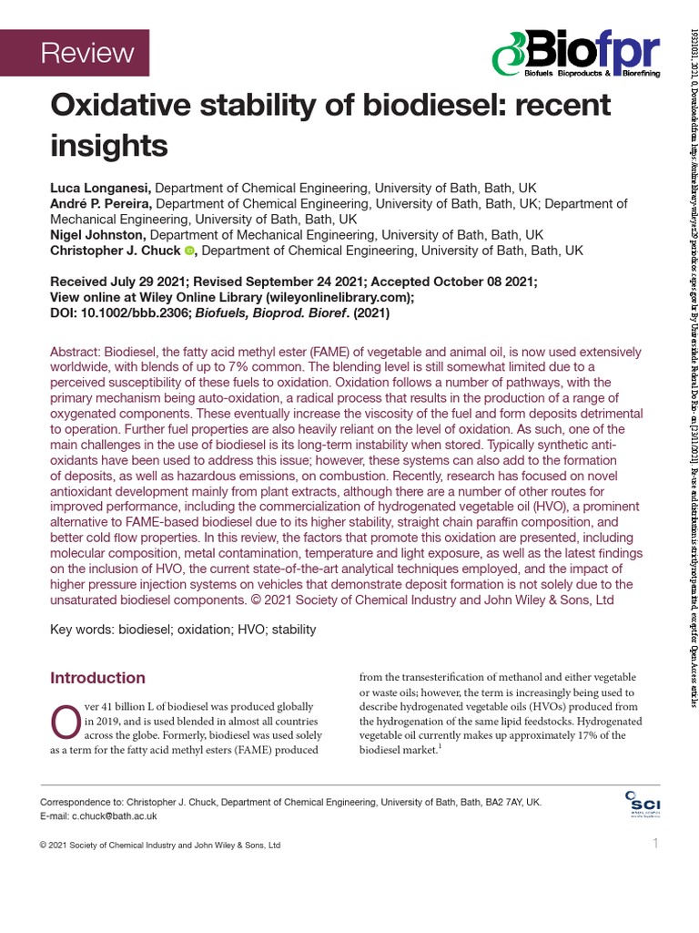 Oxidative Stability of Biodiesel - Recent Insights | PDF | Biodiesel ...