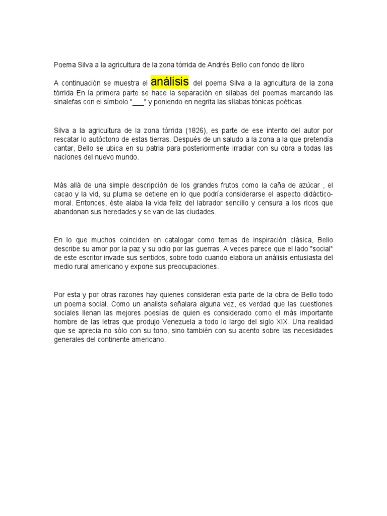 Análisis del poema Silva a la agricultura de la zona tórrida de Andrés ...